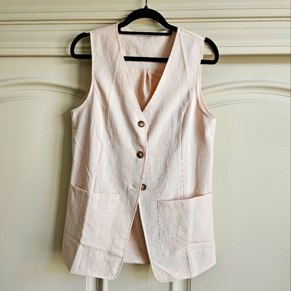 Jackets & Coats | Linen Blend Sleeveless Apricot Vest With Pockets L ...